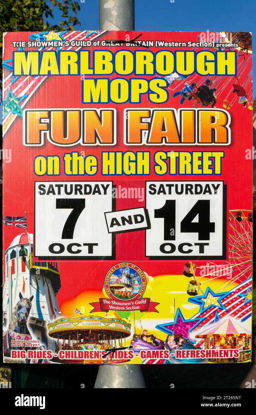 Poster advertising Mops fair, Marlbrough, Wiltshire, England, UK ...