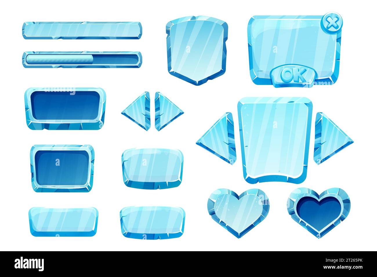 Set game menu assets ice buttons, interface elements 2d in cartoon style isolated. Blocks ...