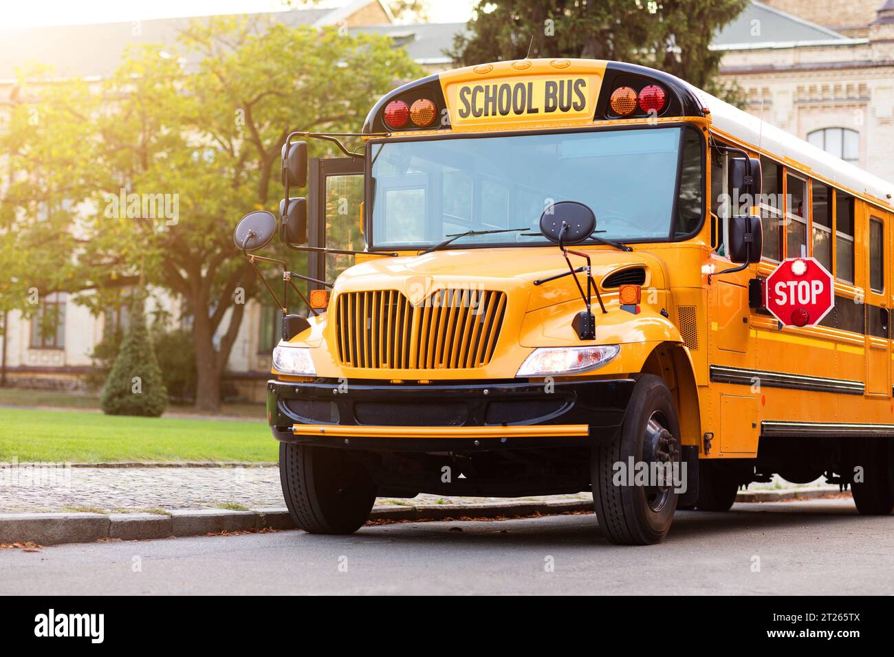 Shot of retro-styled yellow school bus standing still on serene road ...