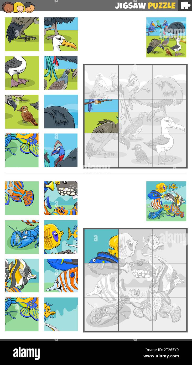 Cartoon illustration of educational jigsaw puzzle activities set with ...