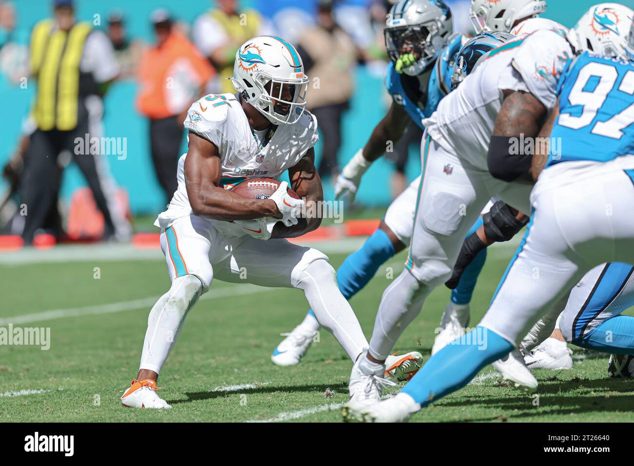 Miami. FL USA; Miami Dolphins running back Raheem Mostert (31) looks for a hole to run through ...