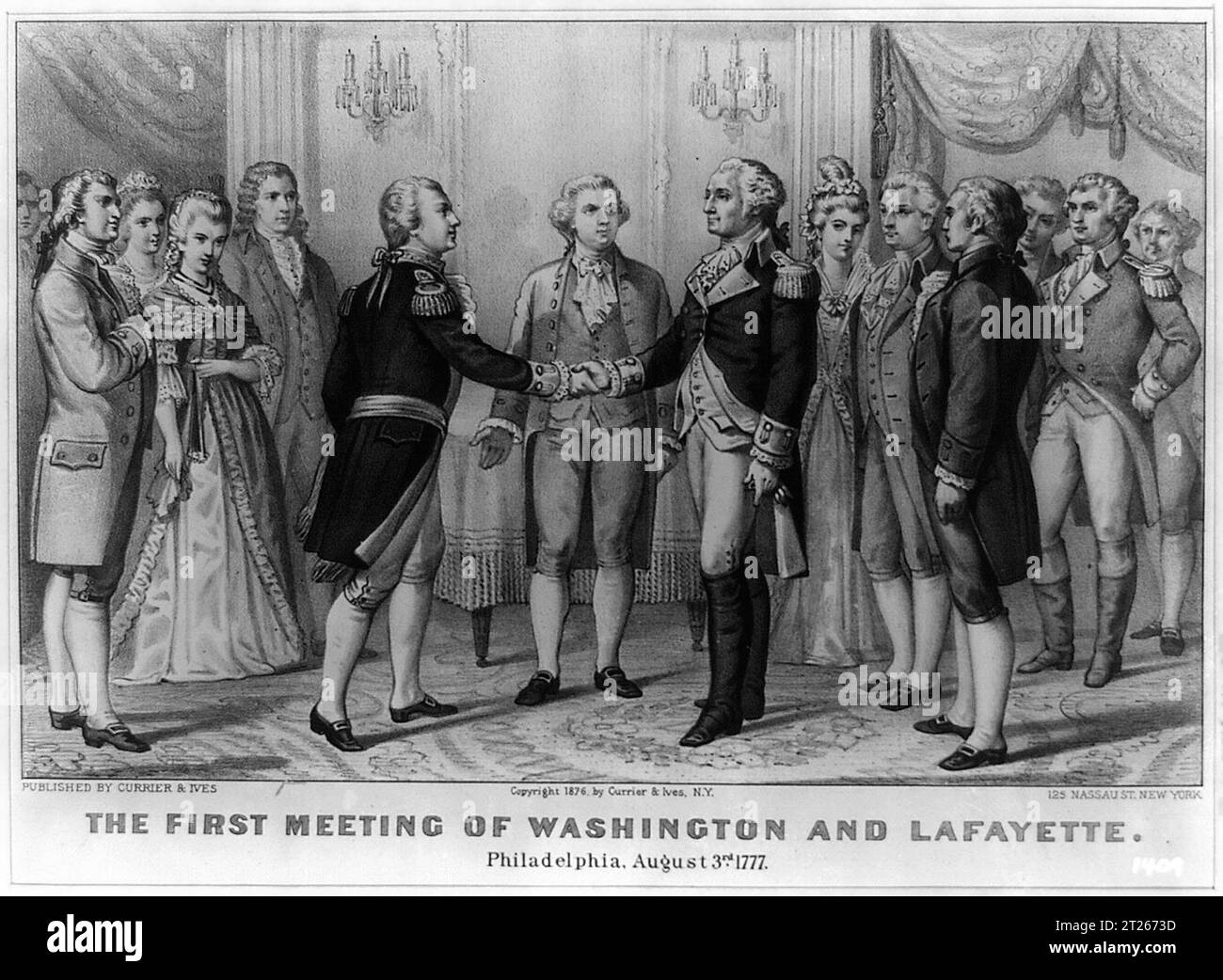 The Marquis de Lafayette first meets George Washington on 5 August 1777. By Currier and Ives ...