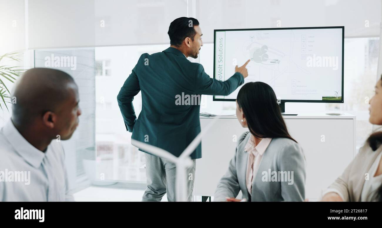 Clean energy, wind turbine presentation and man with data and ...