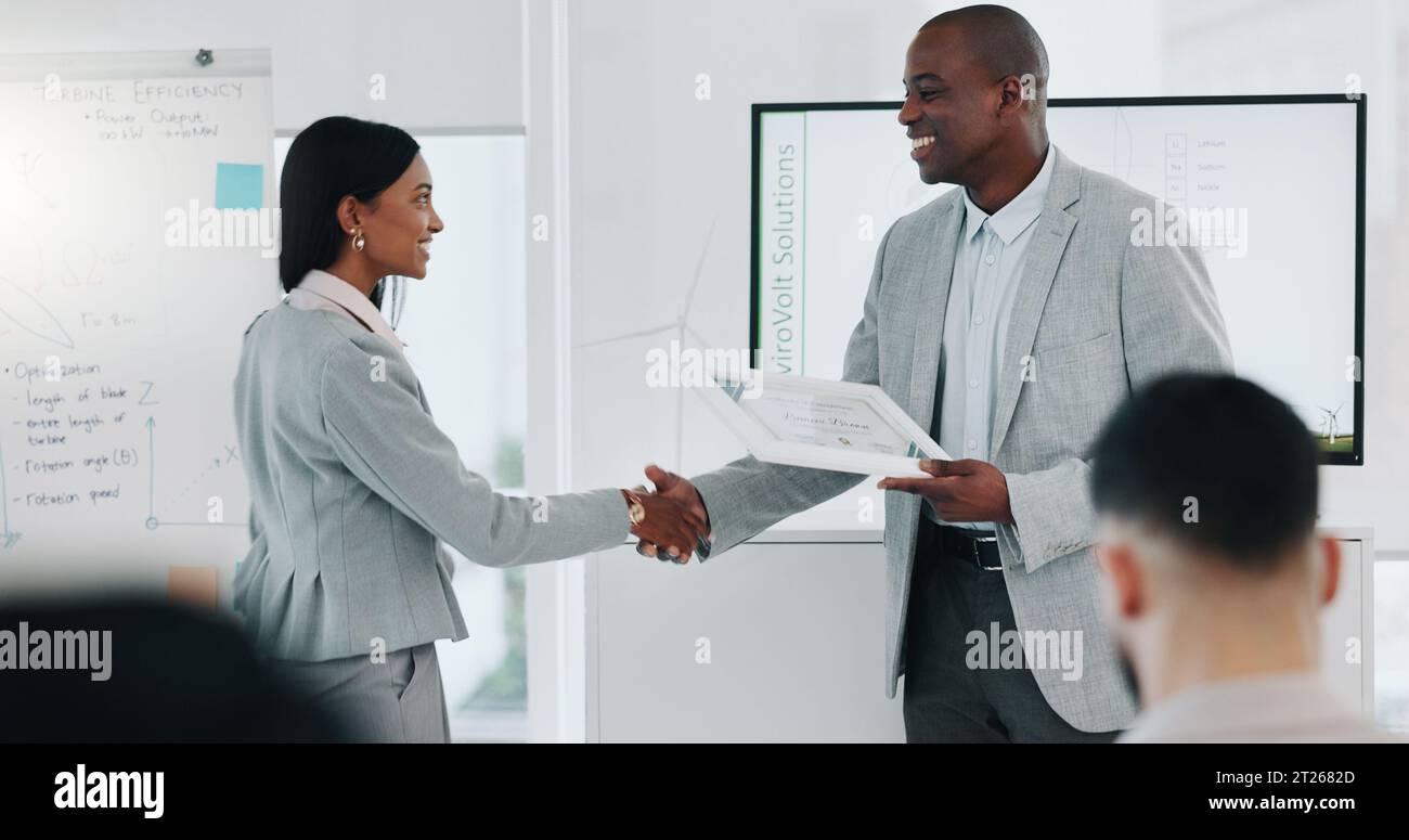 Handshake, award and success with business people in office for winner ...