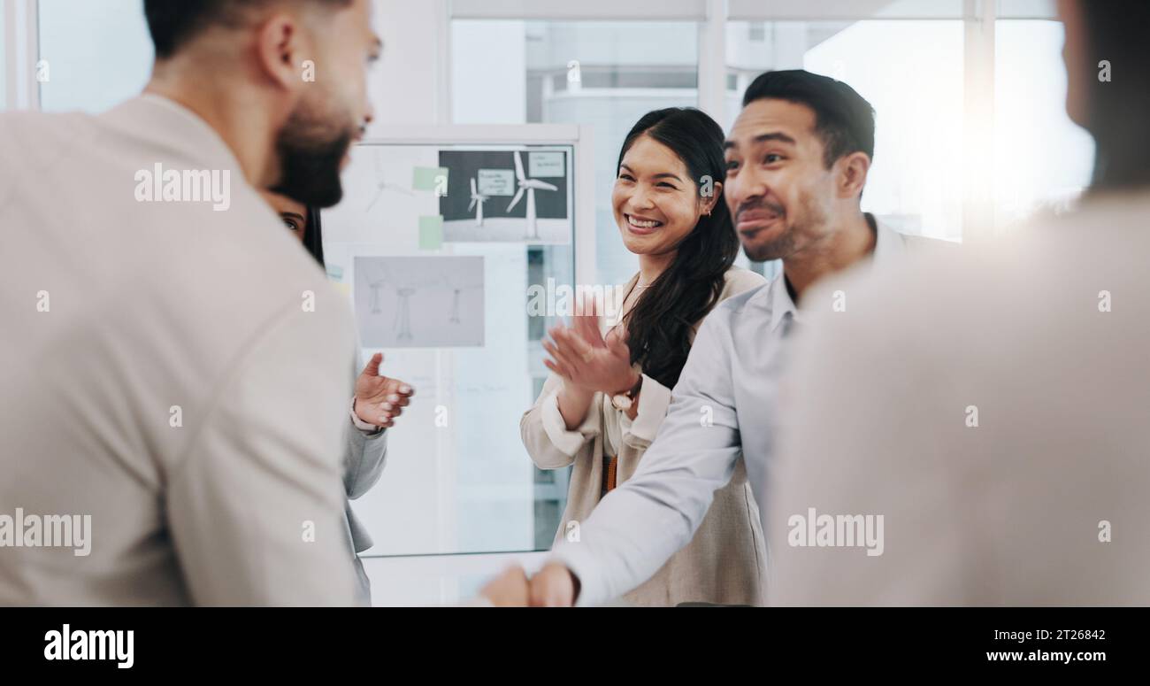Happy businessman, handshake and applause in promotion, b2b or team ...