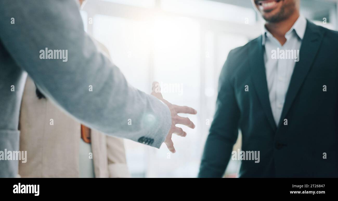 Business people, handshake and applause in meeting, thank you or ...