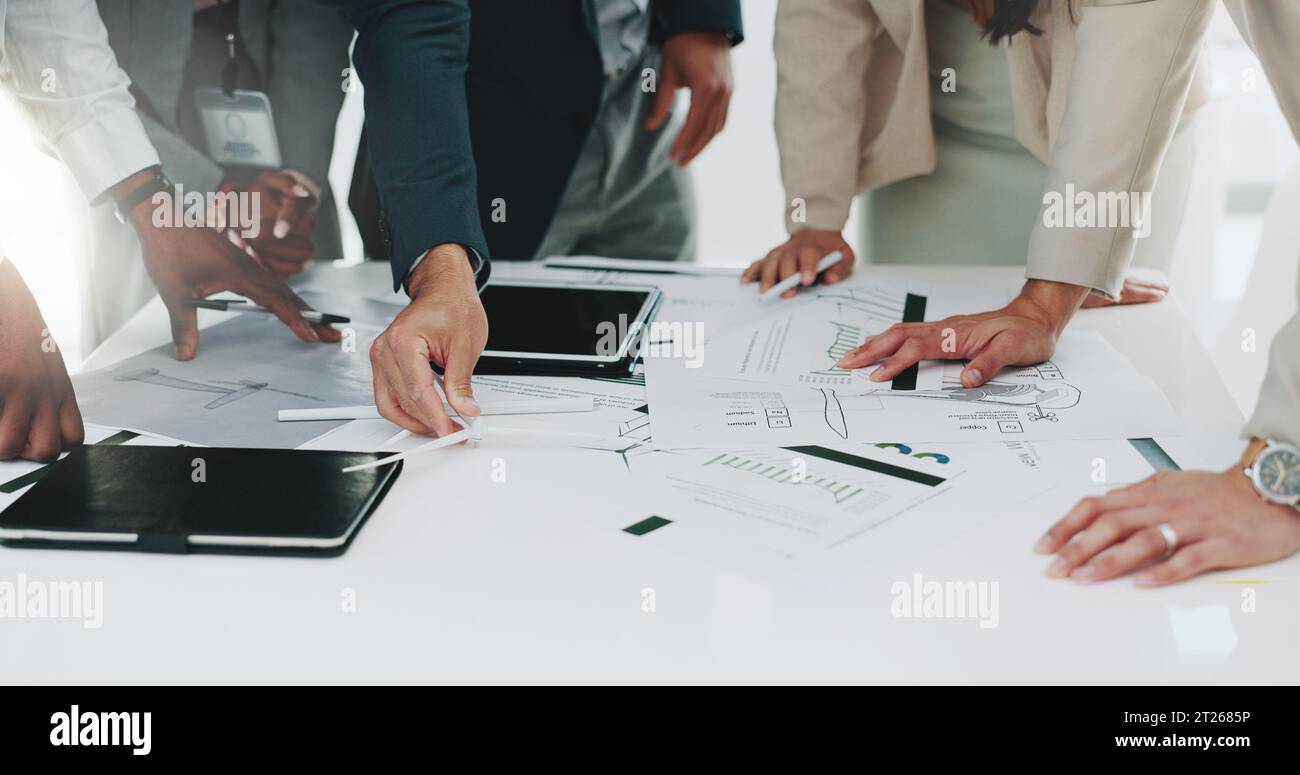 Business people, wind turbine model and hands, paperwork with analytics at sustainable company ...