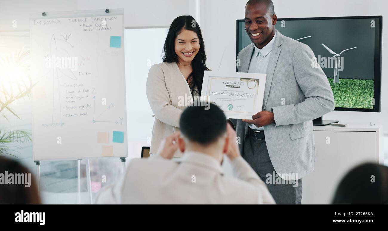 Handshake, award and photographer with business people in office for ...