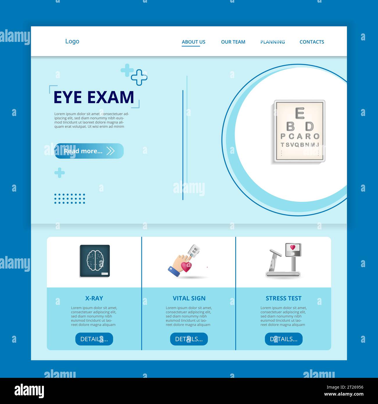 Eye exam flat landing page website template. X-ray, vital sign, stress ...