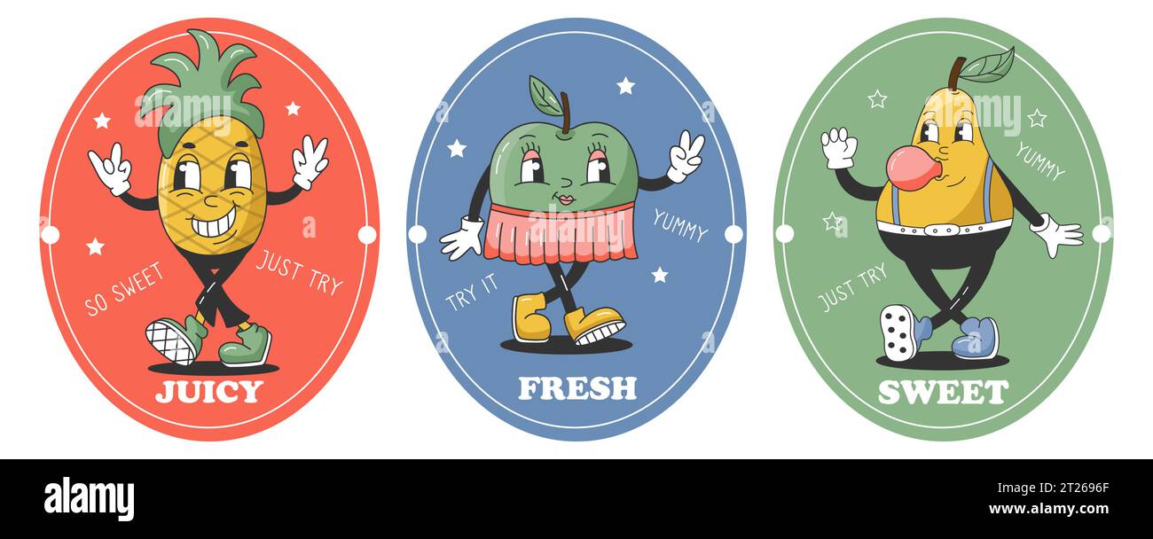 90s Fruits Funny Retro Hippie Groovy Cartoon Characters. Labels with ...