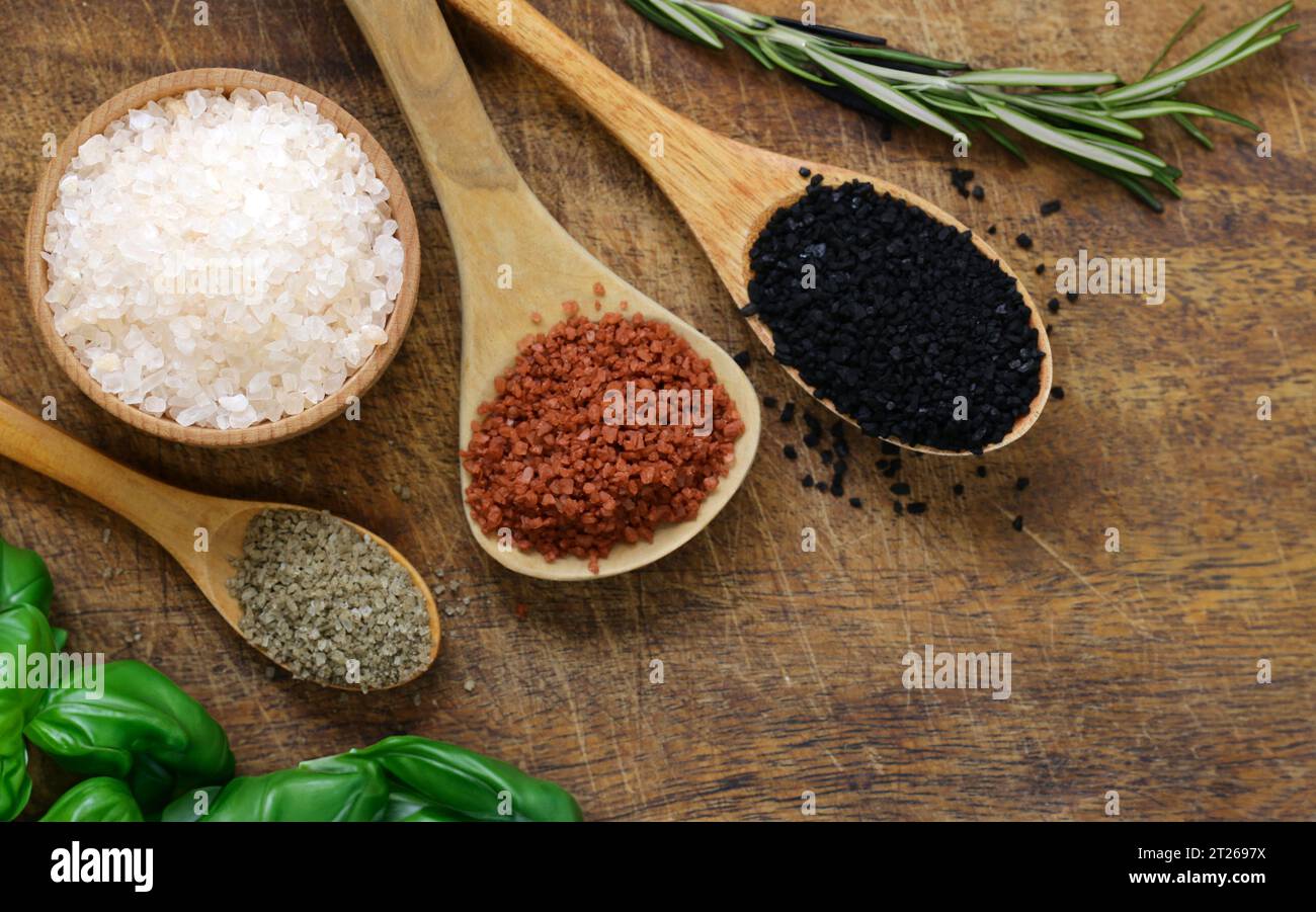different types of salt - black, pink, red Stock Photo - Alamy