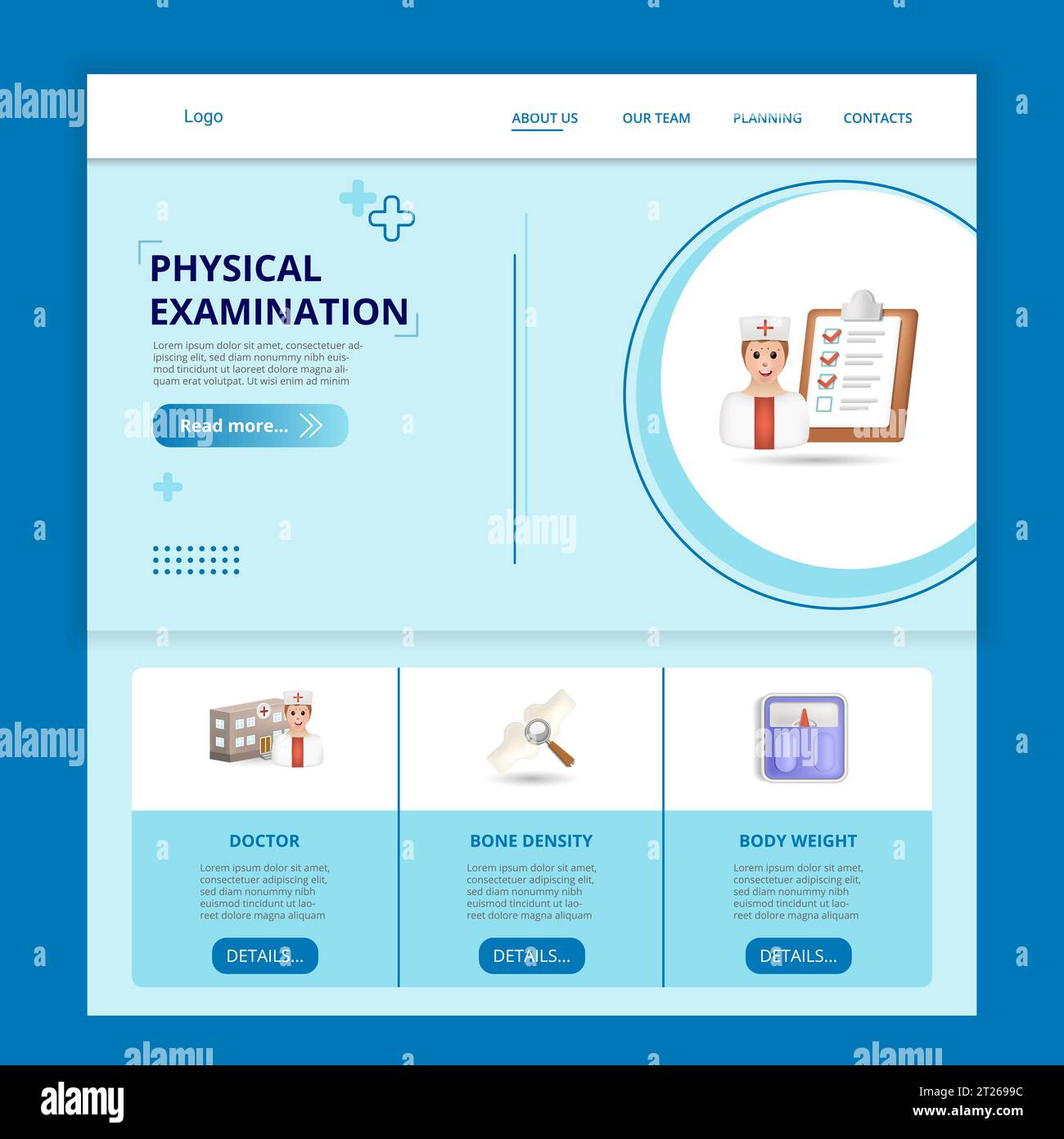 Physical examination flat landing page website template. Doctor, bone ...