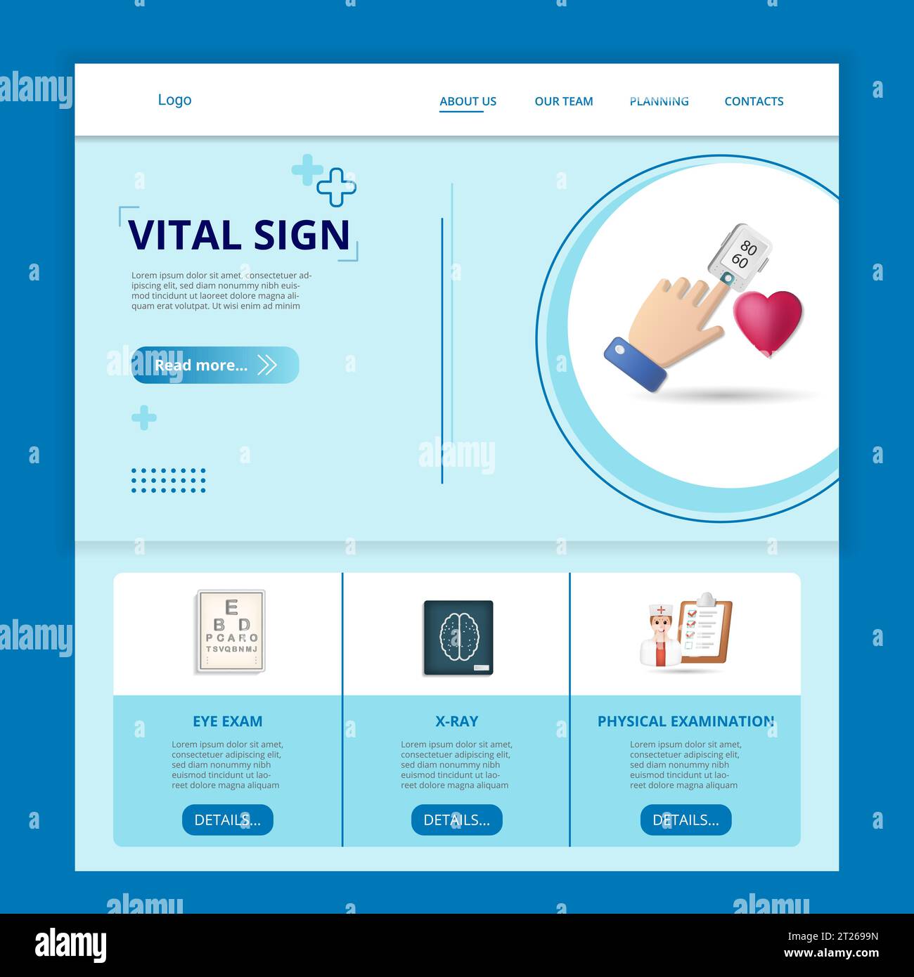 Vital sign flat landing page website template. Eye exam, x-ray ...