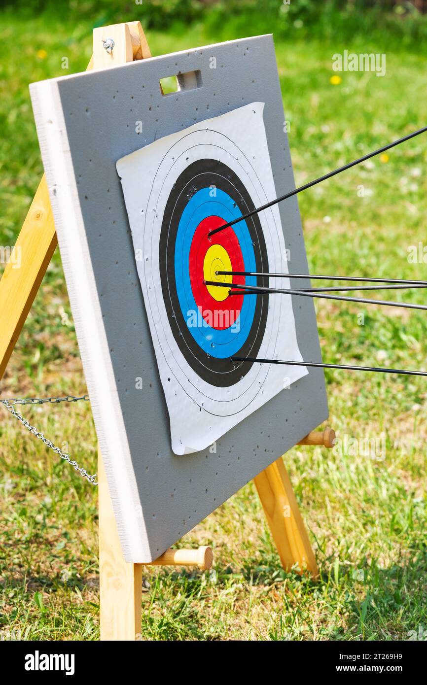 Standard archery target pierced by arrows with one hit the bullseye ...