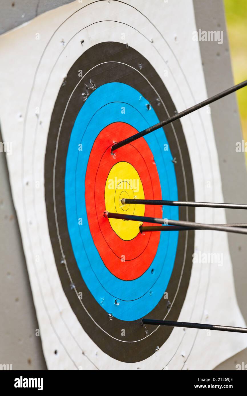 Standard archery target pierced by arrows with one hit the bullseye ...