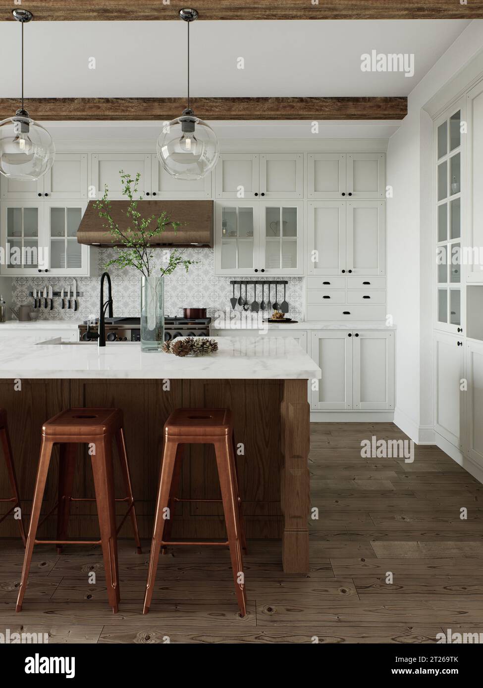 Traditional large L-shaped kitchen with large island and kitchen ...