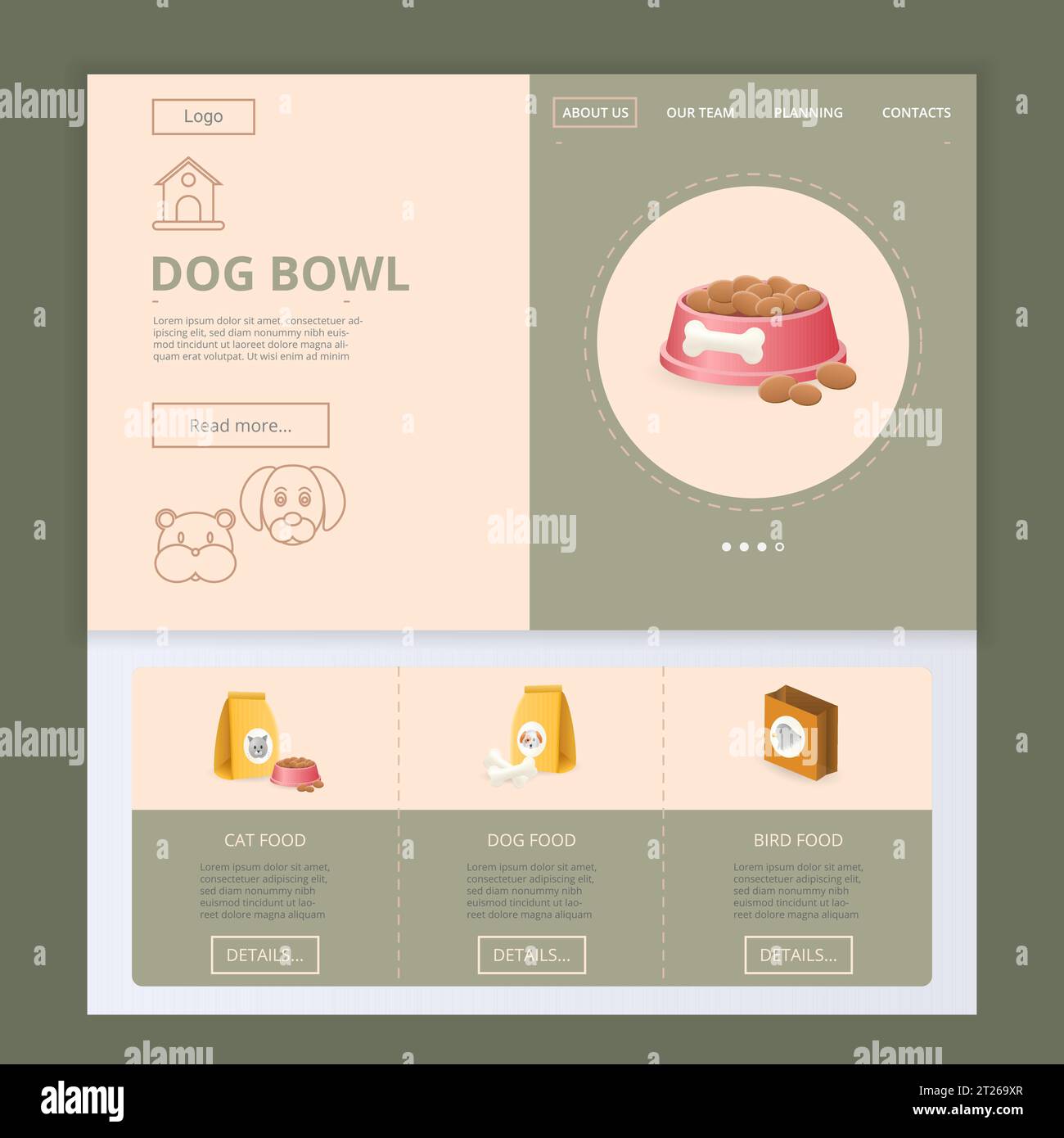 Dog bowl flat landing page website template. Cat food, dog food, bird ...