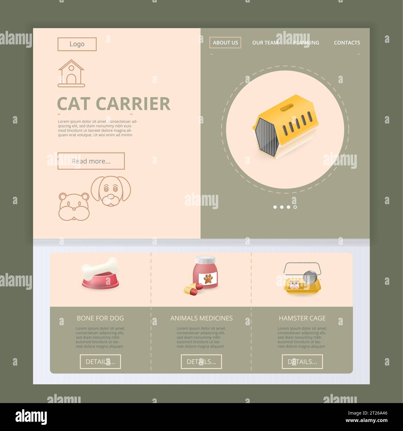 Cat carrier flat landing page website template. Bone for dog, animals ...