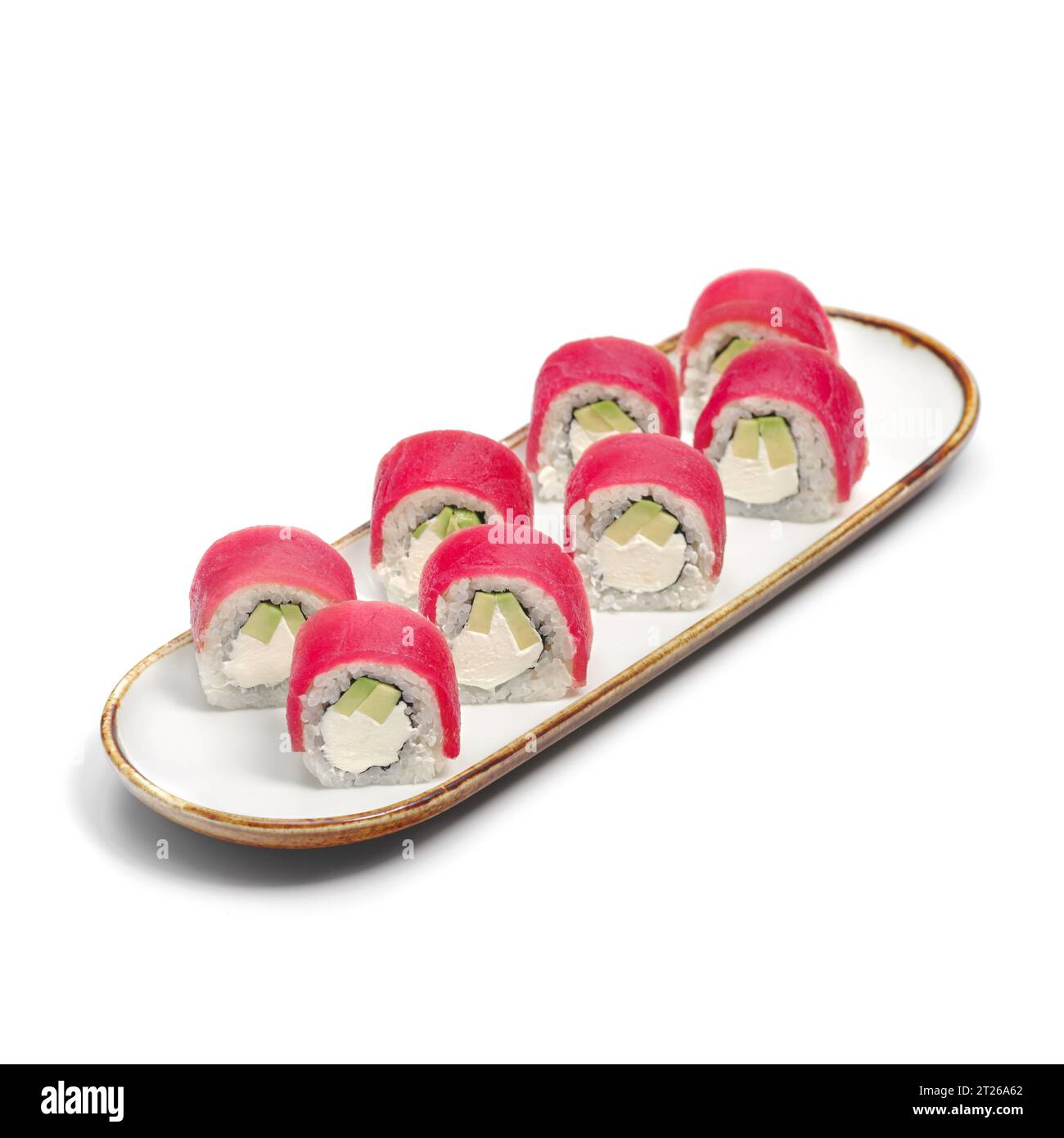 ROLL TUNA Rice, Nori, Cheese, Avocado, Tuna. sushi roll on a white ...