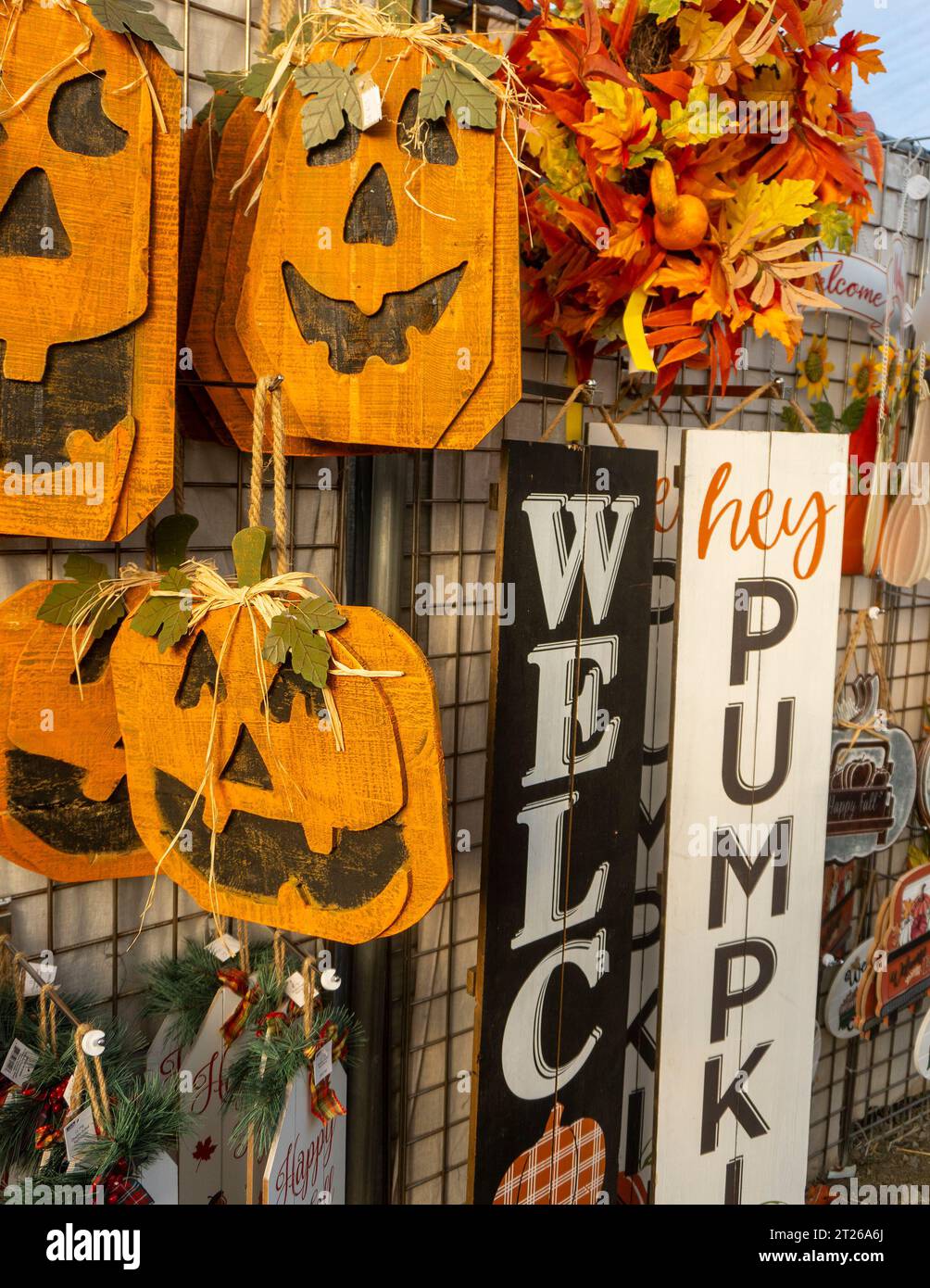 Halloween decorations for sale at a farm stand in Mahwah, NJ Stock ...