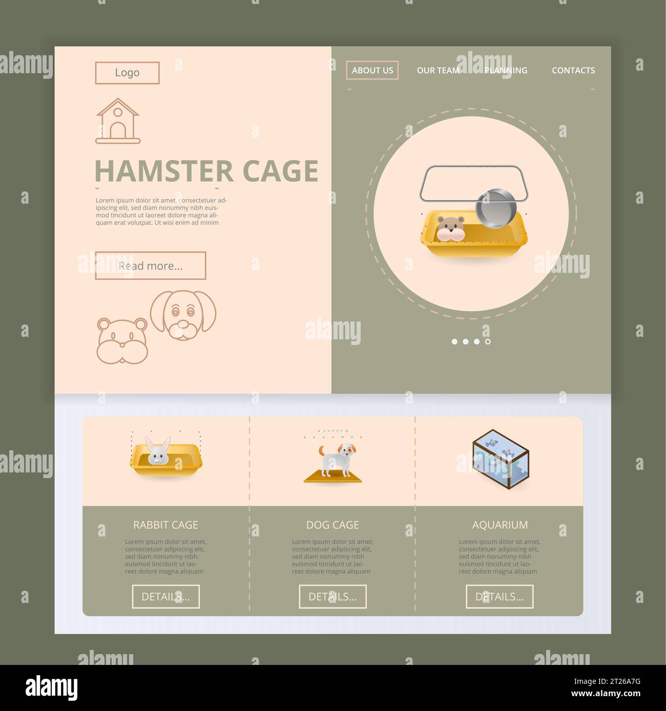 Hamster cage flat landing page website template. Rabbit cage, dog cage ...