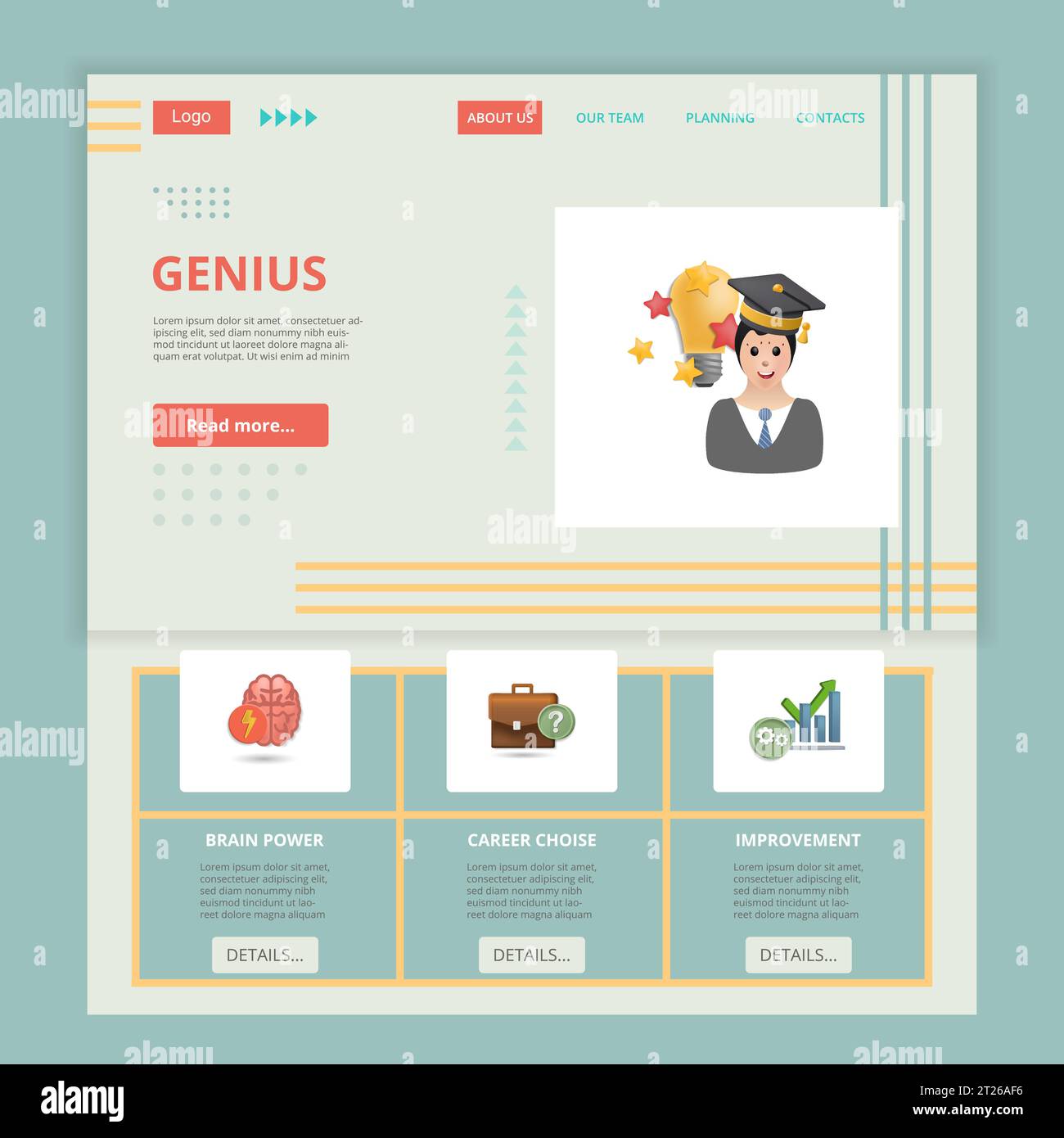 Genius flat landing page website template. Brain power, career choice ...