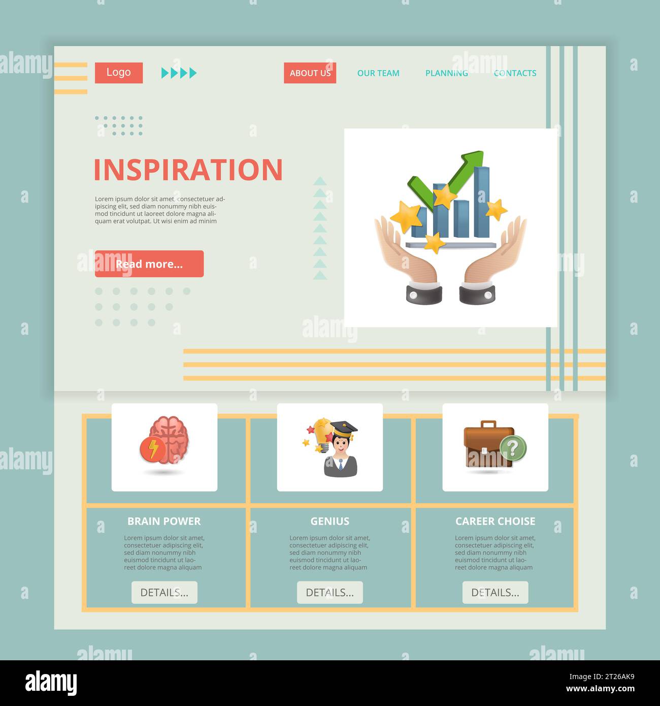 Inspiration flat landing page website template. Brain power, genius ...