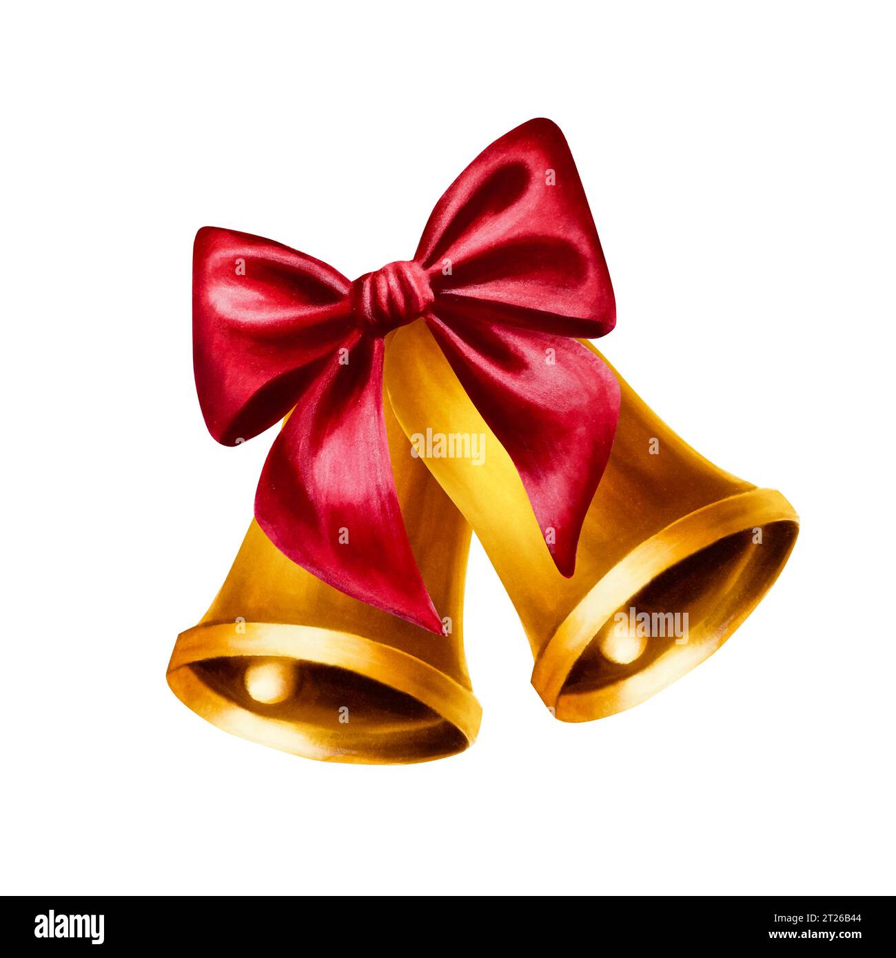 Watercolor christmas golden bells with red satin bow illustration. New ...