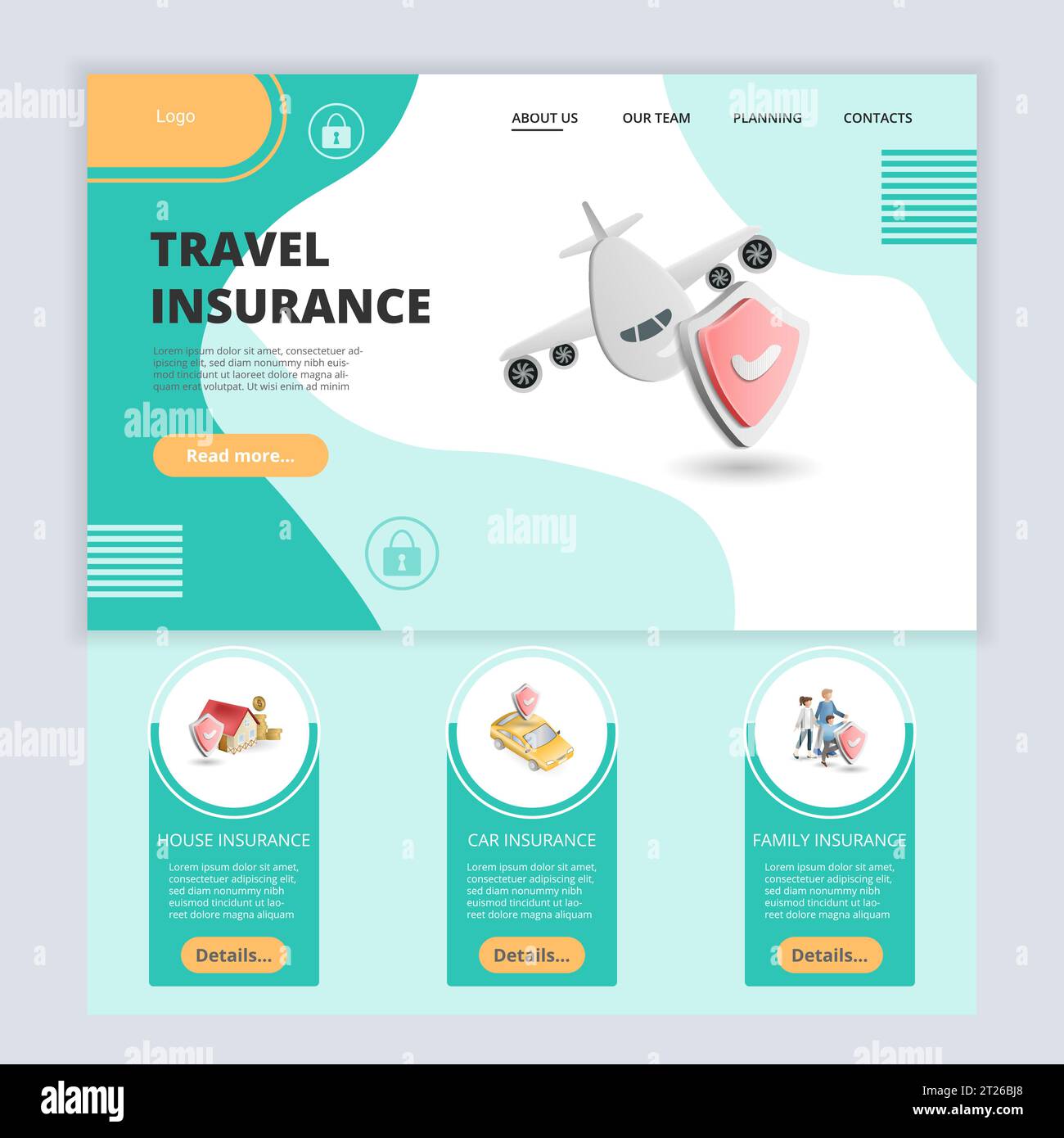 Travel insurance flat landing page website template. House insurance ...