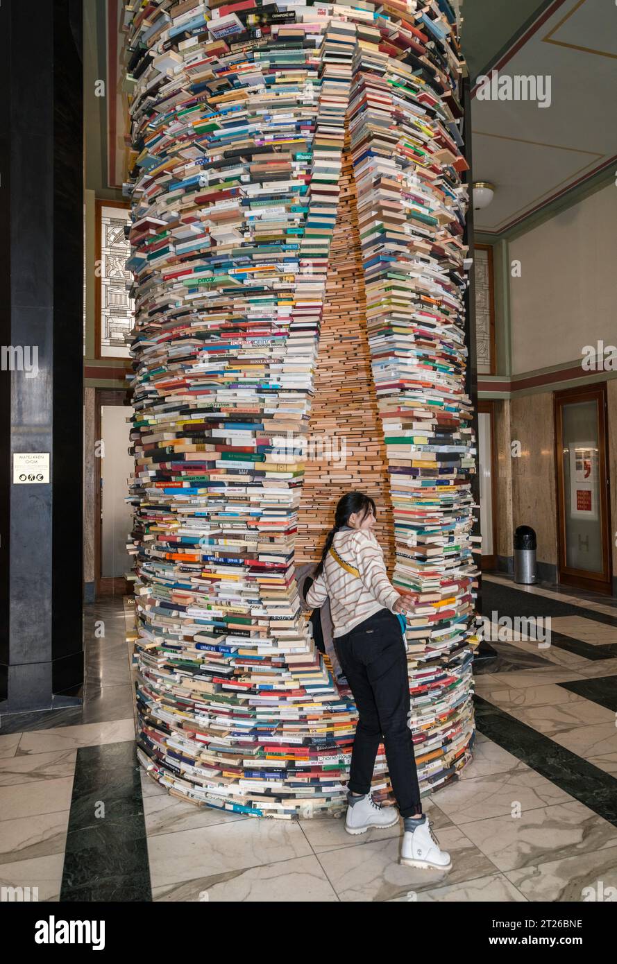 Idiom, tower of books, by Matej Kren, 1998, in entrance hall of Prague ...