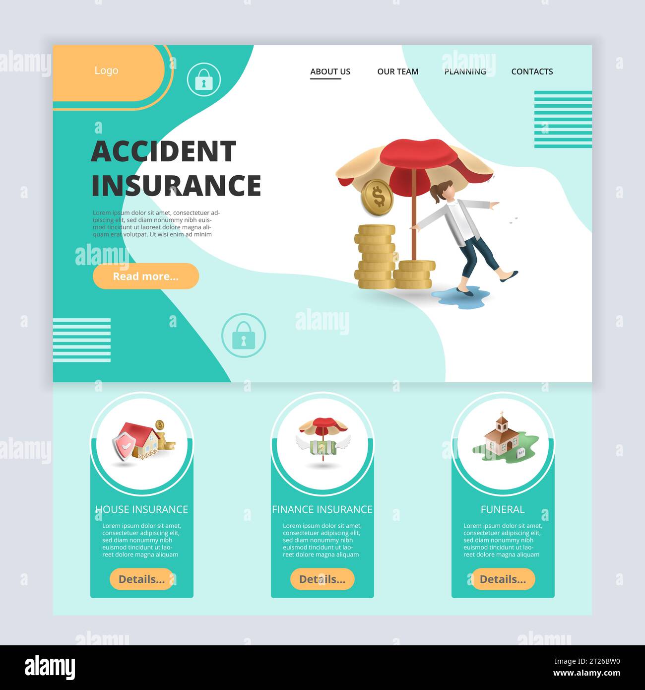 Accident insurance flat landing page website template. House insurance ...