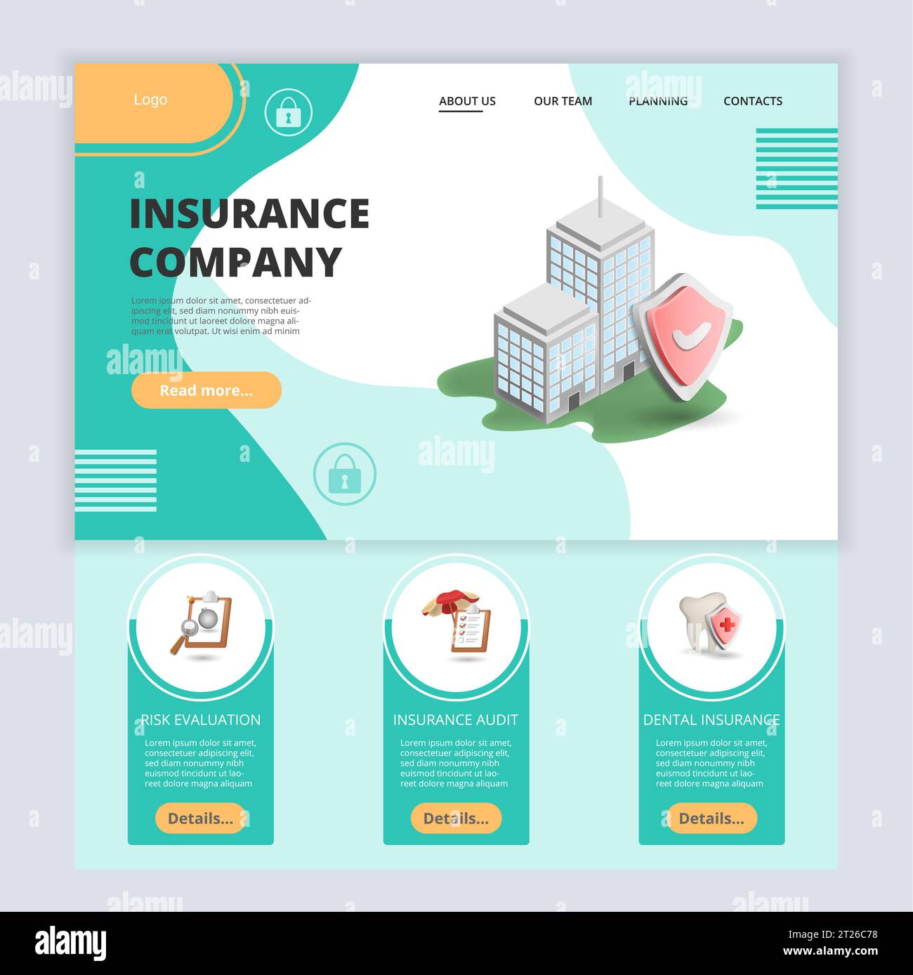 Insurance company flat landing page website template. Risk evaluation ...