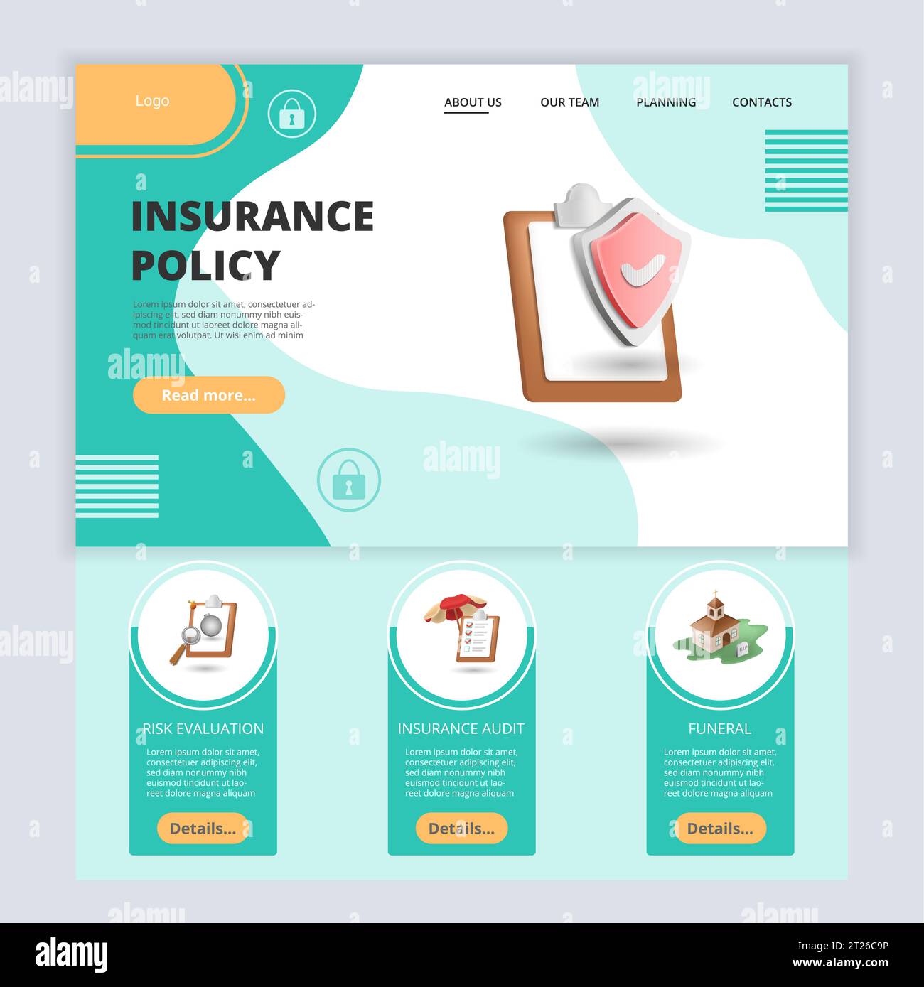 Insurance policy flat landing page website template. Risk evaluation ...