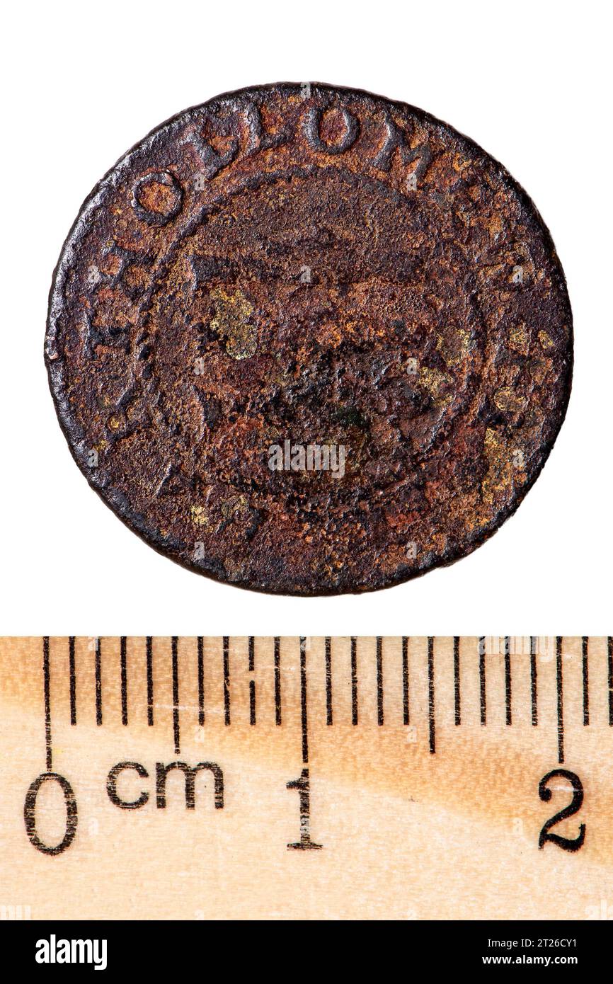 Ancient Copper English coin halfpenny. Obverse. Isolated on white Stock ...