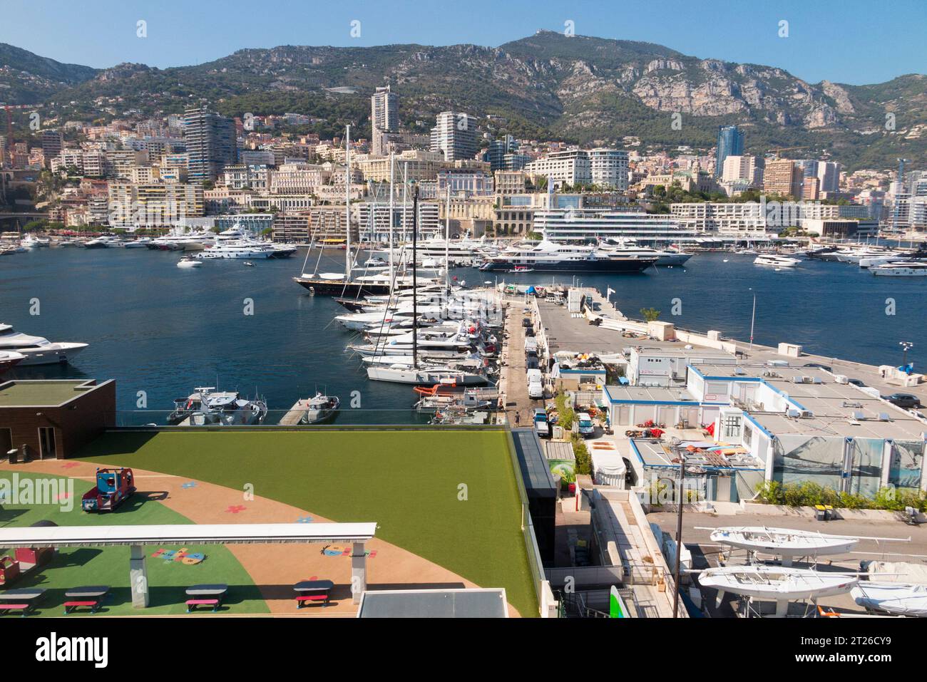 Looking across Monaco's Port Hercule harbour towards Monte-Carlo, with ...