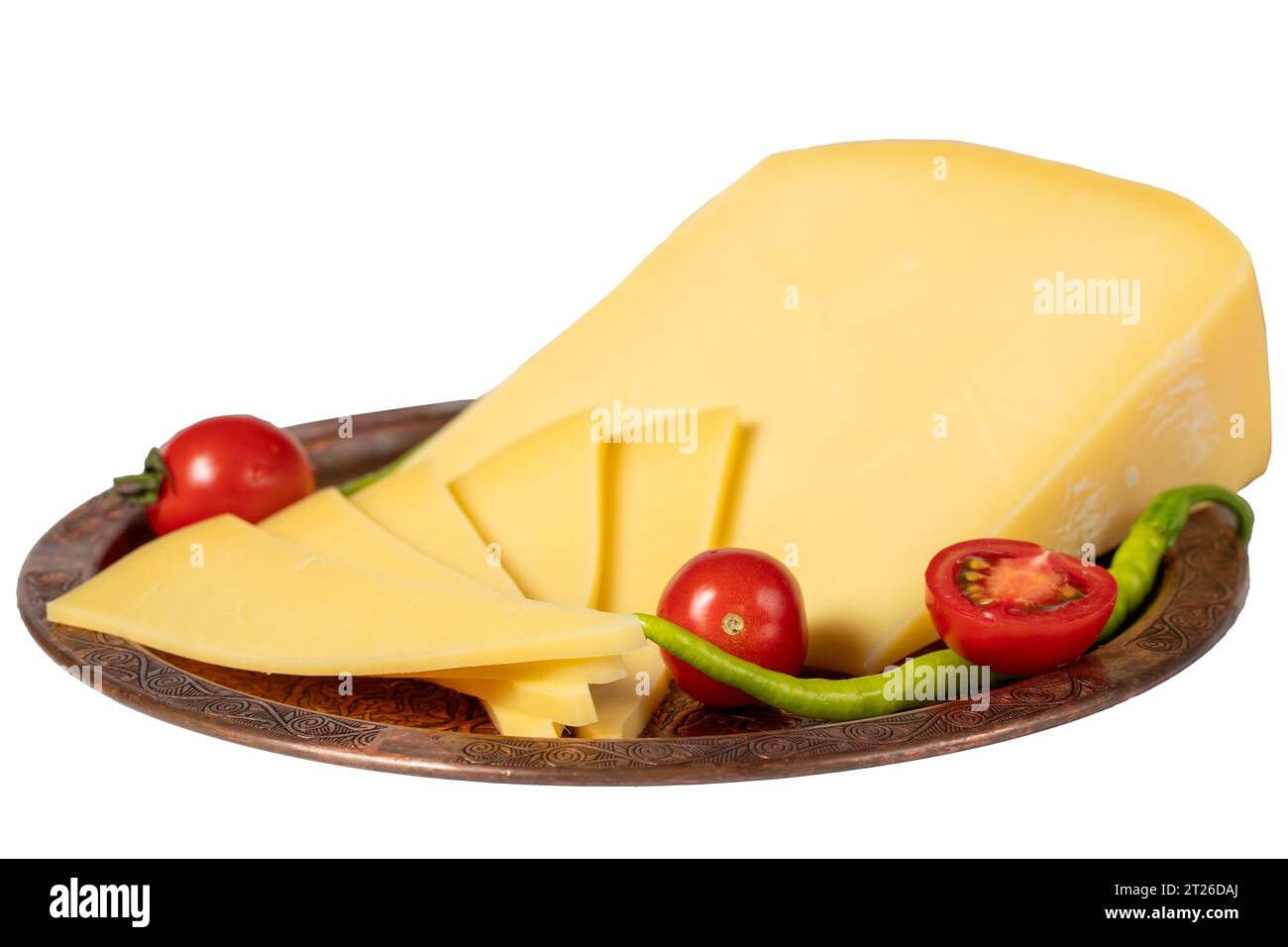 Aged cheese on a copper plate. Organic fresh cow cheddar isolated on ...