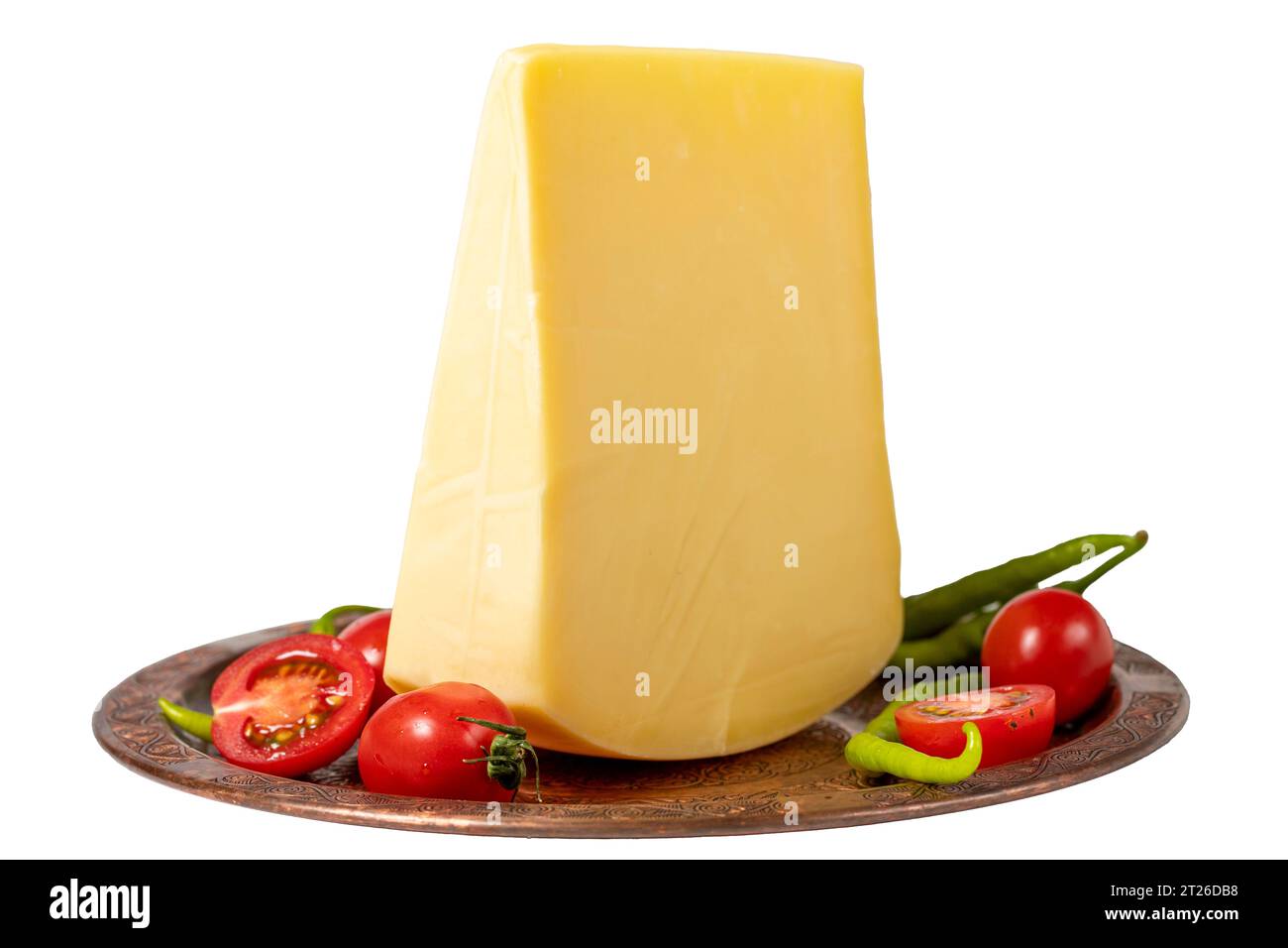 Aged cheese on a copper plate. Organic fresh cow cheddar isolated on ...