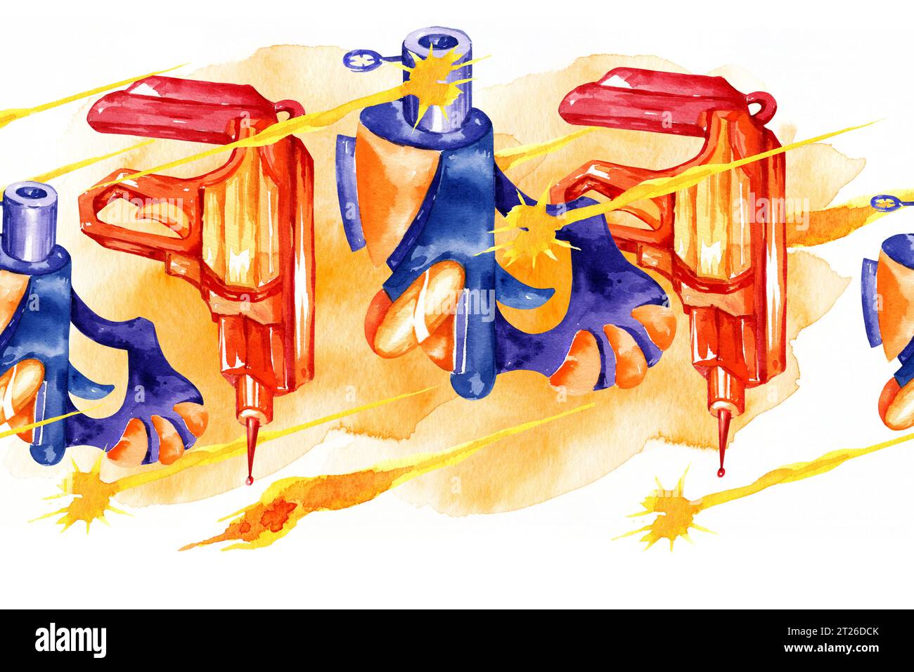 watercolor hand drawn seamless border with toy guns, fantastic weapons ...