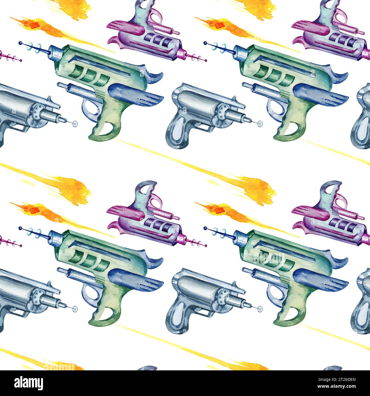 watercolor hand drawn seamless pattern with toy guns, fantastic weapons ...