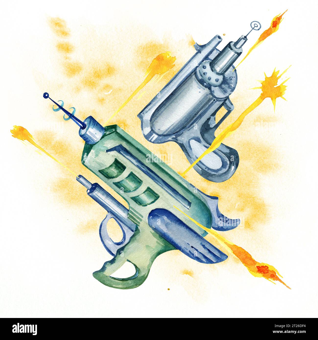 watercolor hand drawn composition with toy guns, fantastic weapons ...