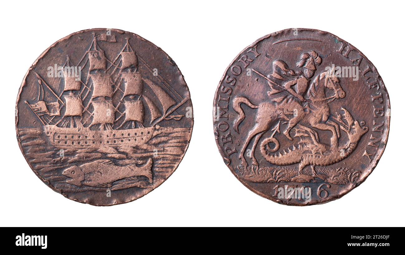An ancient English copper coin halfpenny with the image of a sailboat ...