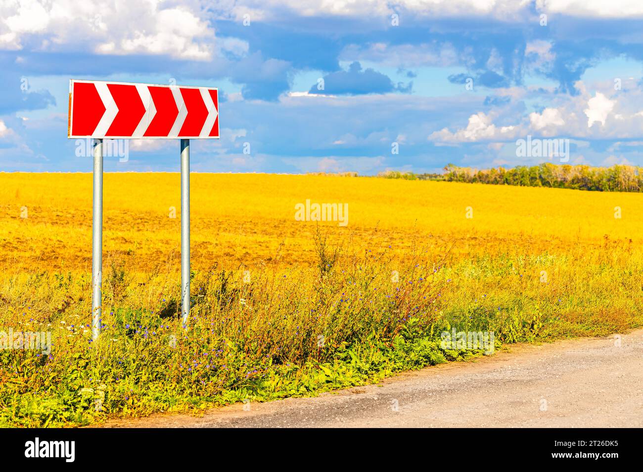 road sign indicating a sharp right turn. warning road sign on a country ...