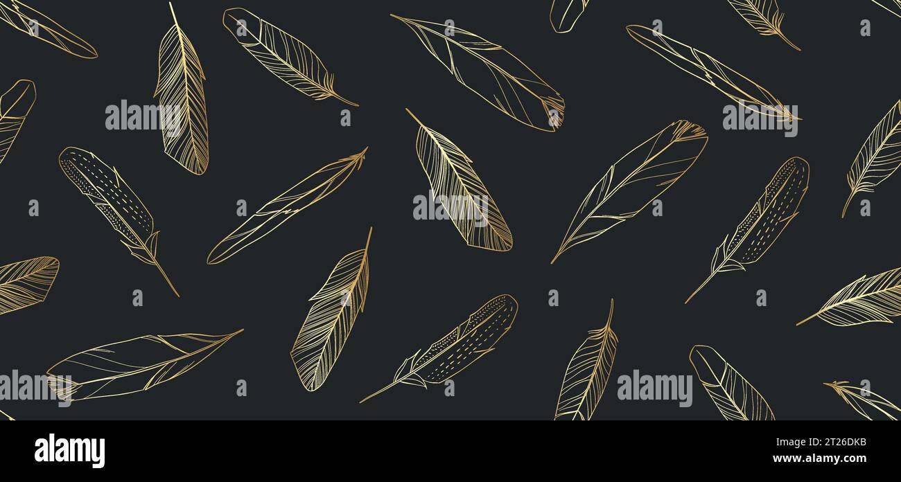 Seamless pattern with golden feathers on a black background. Vector ...