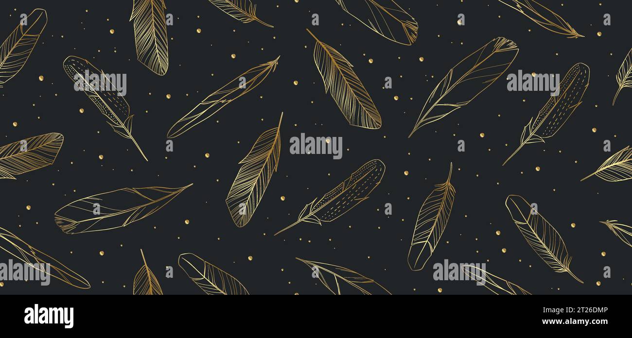 Seamless pattern with golden feathers on a black background. Vector ...