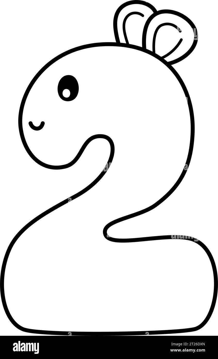 Two - Black Line Vector Kawaii Number 2 with Animal Theme Isolated on ...