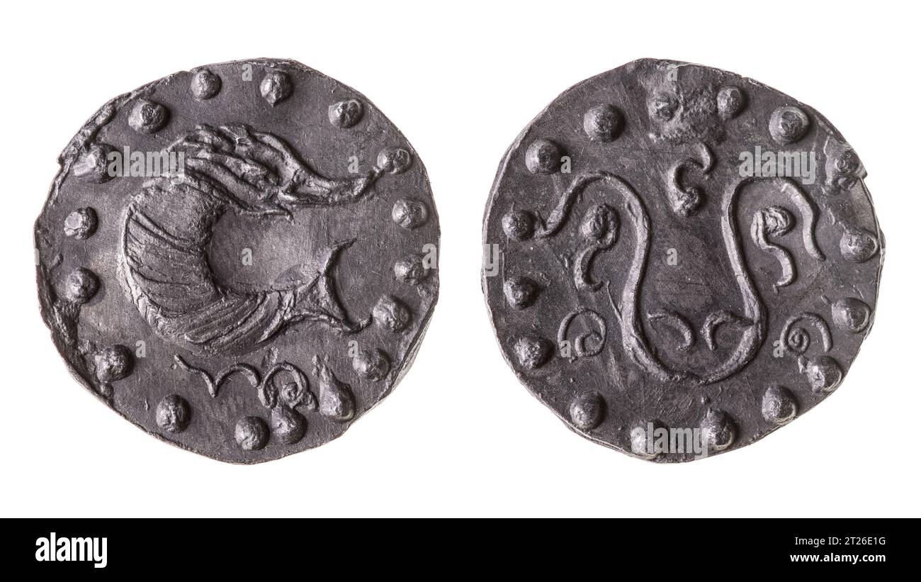 An ancient Siamese coin depicting a seahorses.. Isolated on white Stock ...
