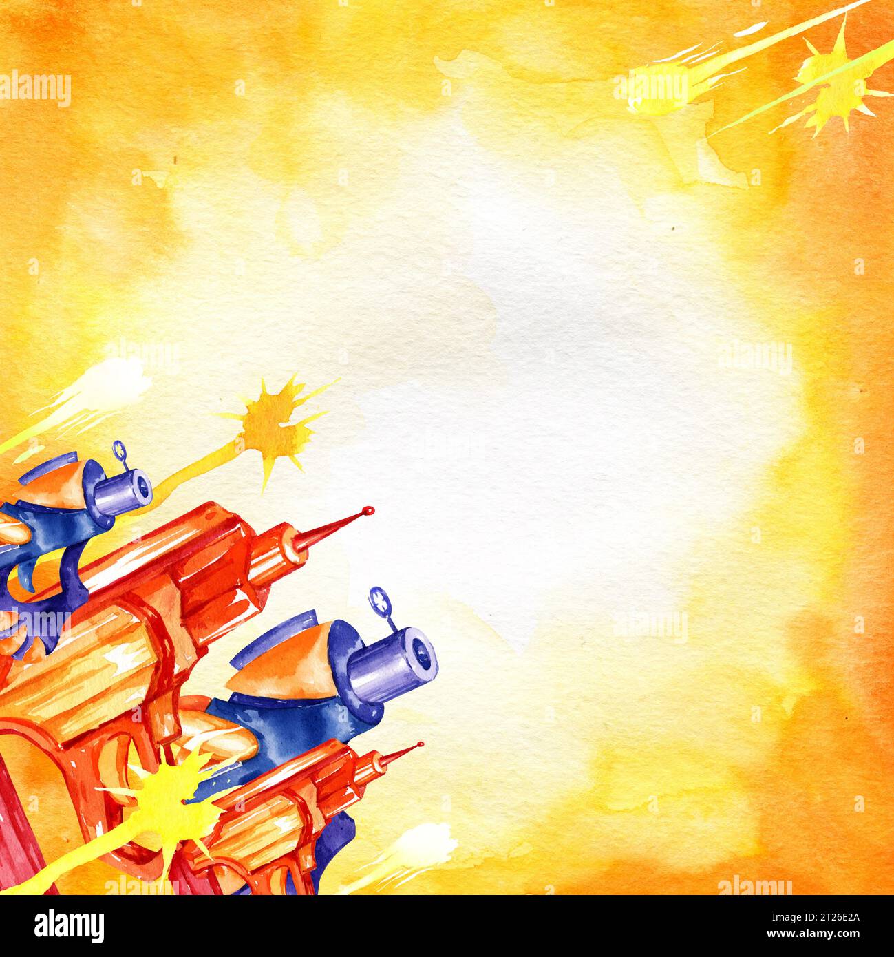 watercolor hand drawn square frame with toy guns, fantastic weapons ...