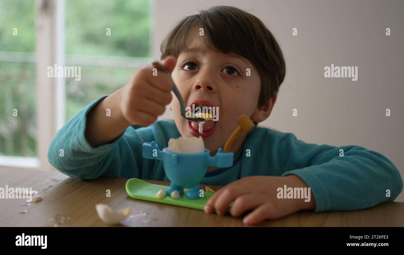 Child eating soft boiled egg for breakfast with spoon. 4 year old ...