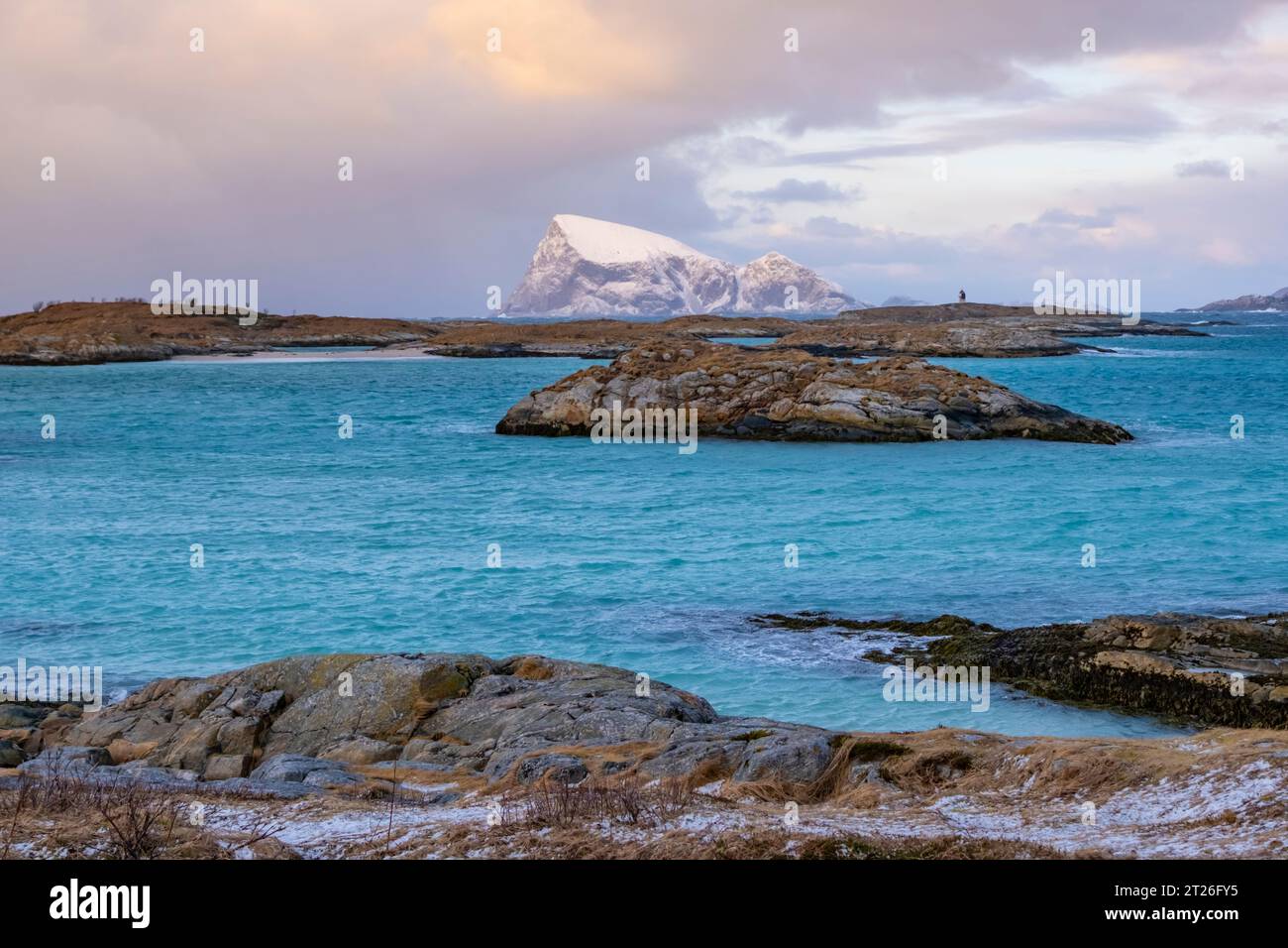 Sommaroy islands and arctic sea near Tromso Norway. Sunset over snowy ...