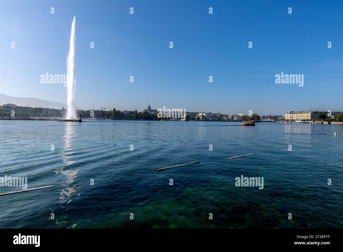 Panoramic view of the city of Geneva and Quai du Mont-Blanc from lake Geneva, Canton of Geneva ...